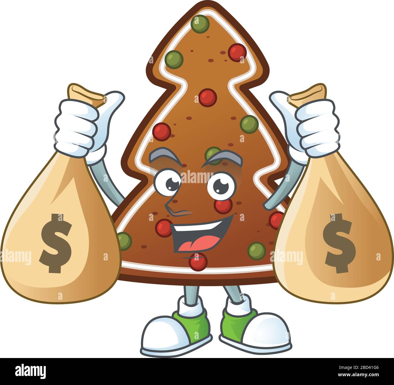 Blissful rich gingerbread tree cartoon character having money bags ...