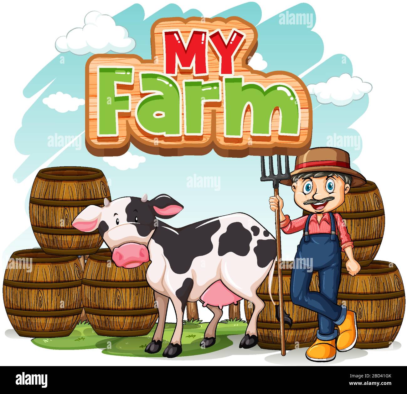 Font design for word my farm with farmer and cow illustration Stock ...