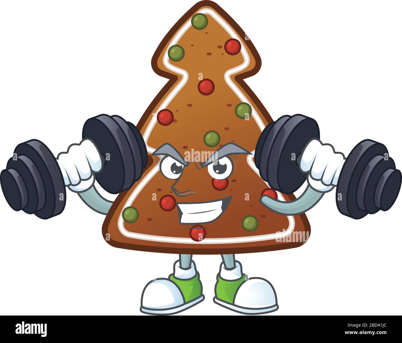 Fitness exercise gingerbread tree cartoon character using barbells ...