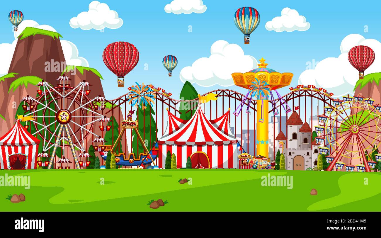 Themepark scene with many rides in the field illustration Stock Vector ...