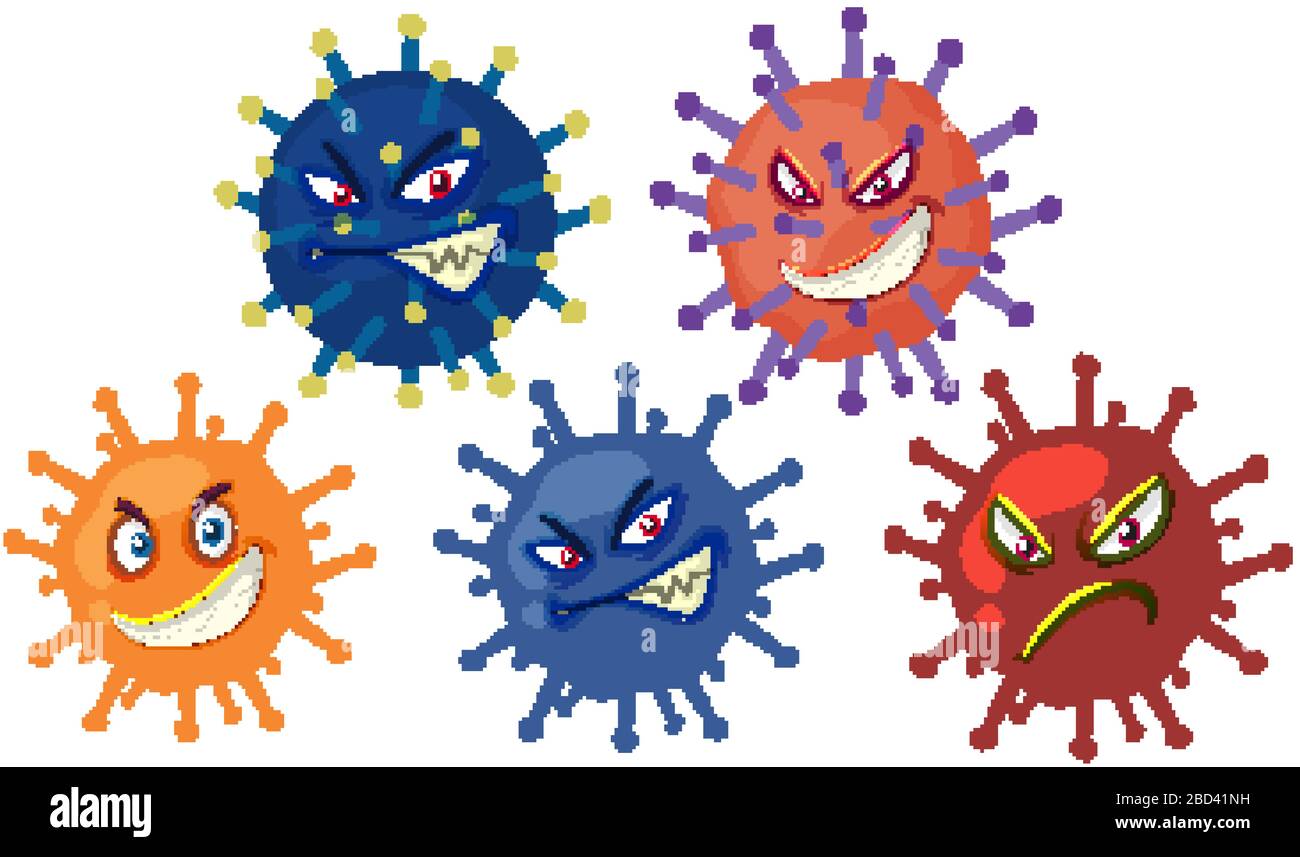 Many virus cells with scary face on white background illustration Stock ...