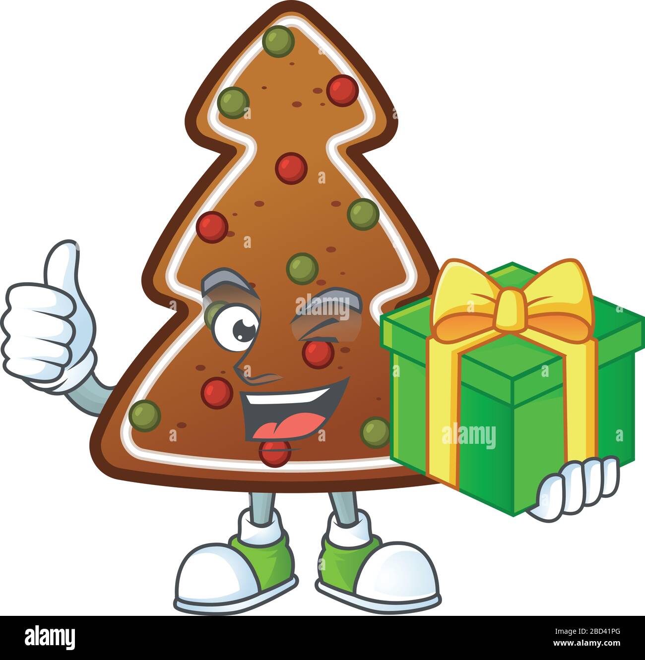 Smiley gingerbread tree cartoon character holding a gift box Stock ...
