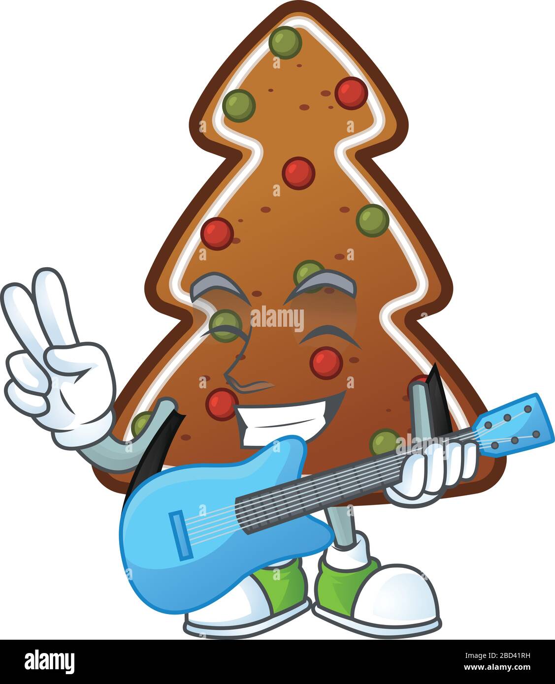 Happy face of gingerbread tree cartoon plays music with a guitar Stock ...