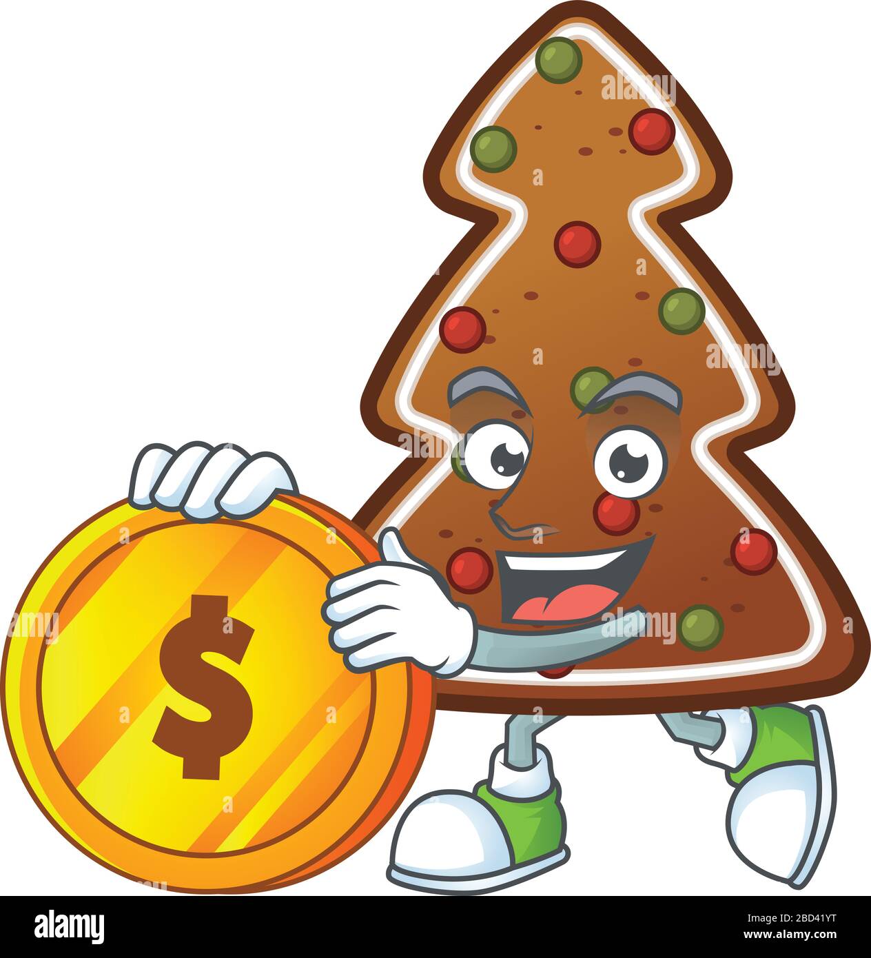 Gingerbread tree rich cartoon character have big gold coin Stock Vector ...