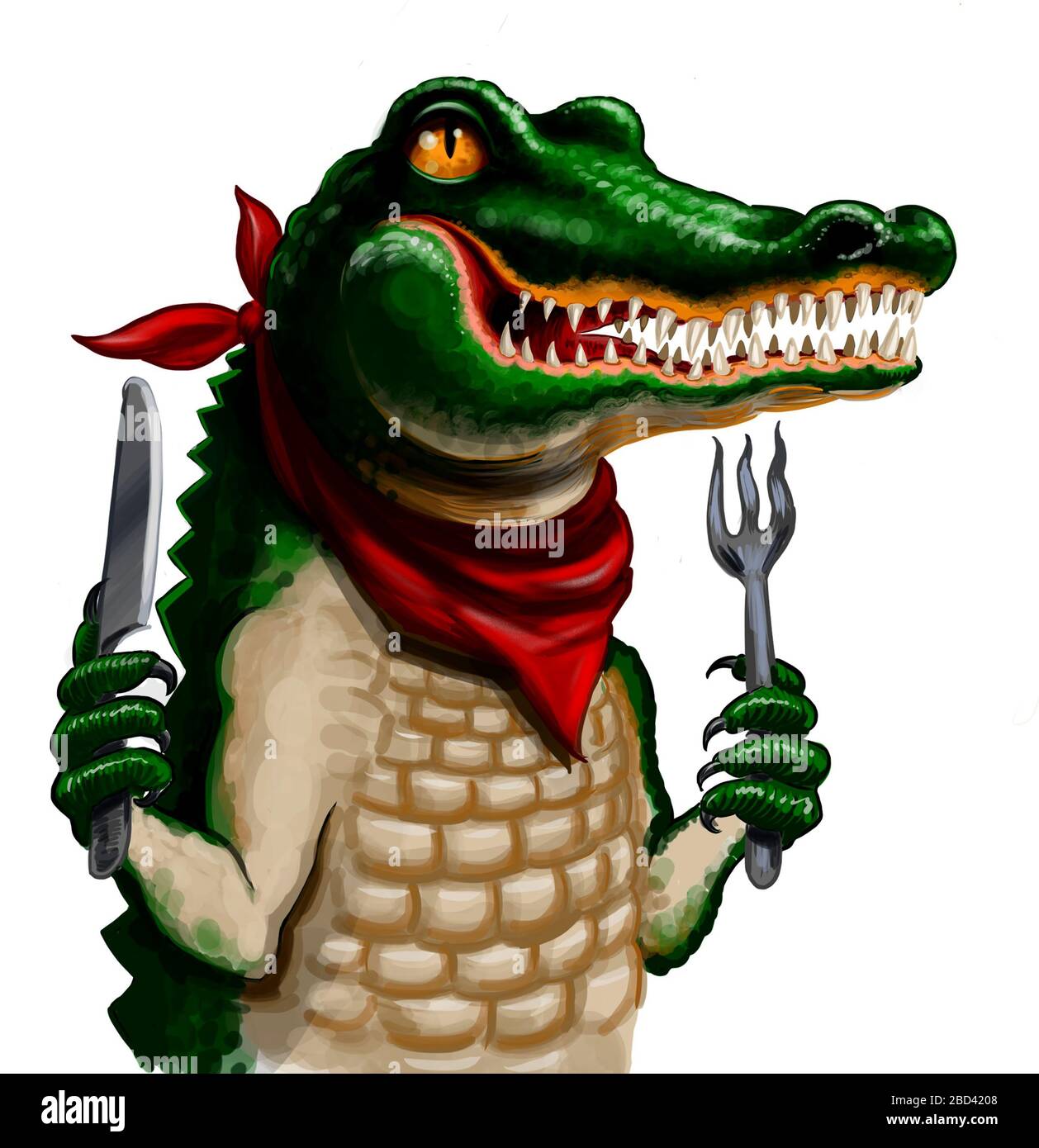 Hungry alligator with fork and knife. Digital illustration Stock Photo - Alamy