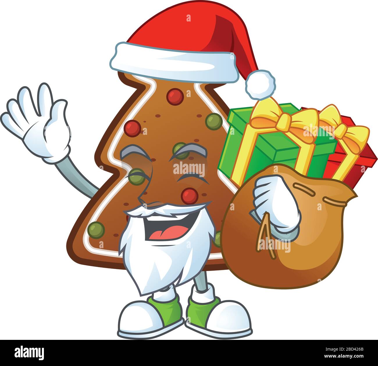 Santa gingerbread tree Cartoon character design with sacks of gifts ...