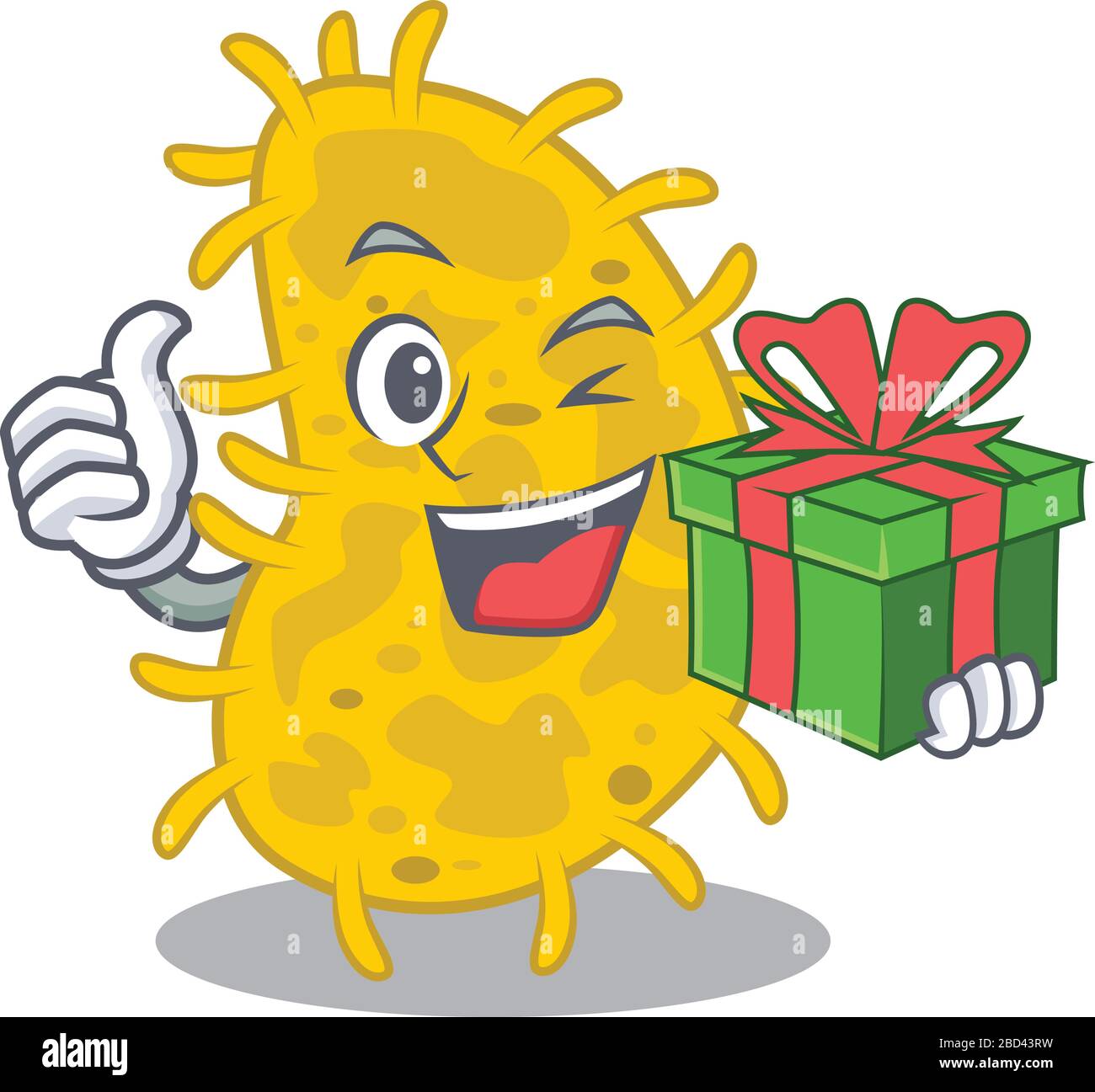 Smiling bacteria spirilla cartoon character having a green gift box ...