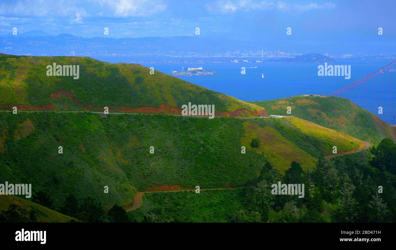 Beautiful hills of Marin Headlands and Battery park in San Francisco ...