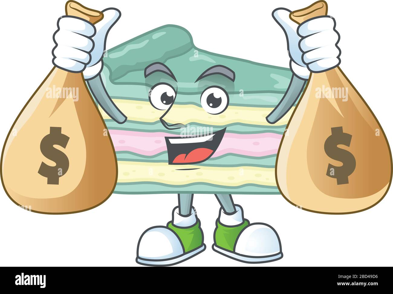 Blissful rich vanilla slice cake cartoon character having money bags ...