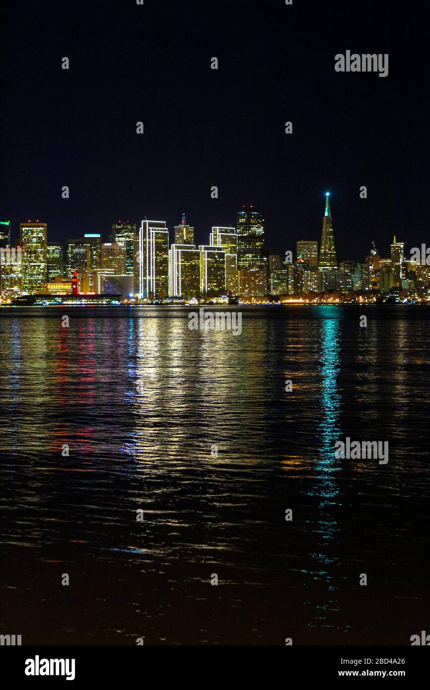 The San Francisco California night skyline with bright lights Stock ...