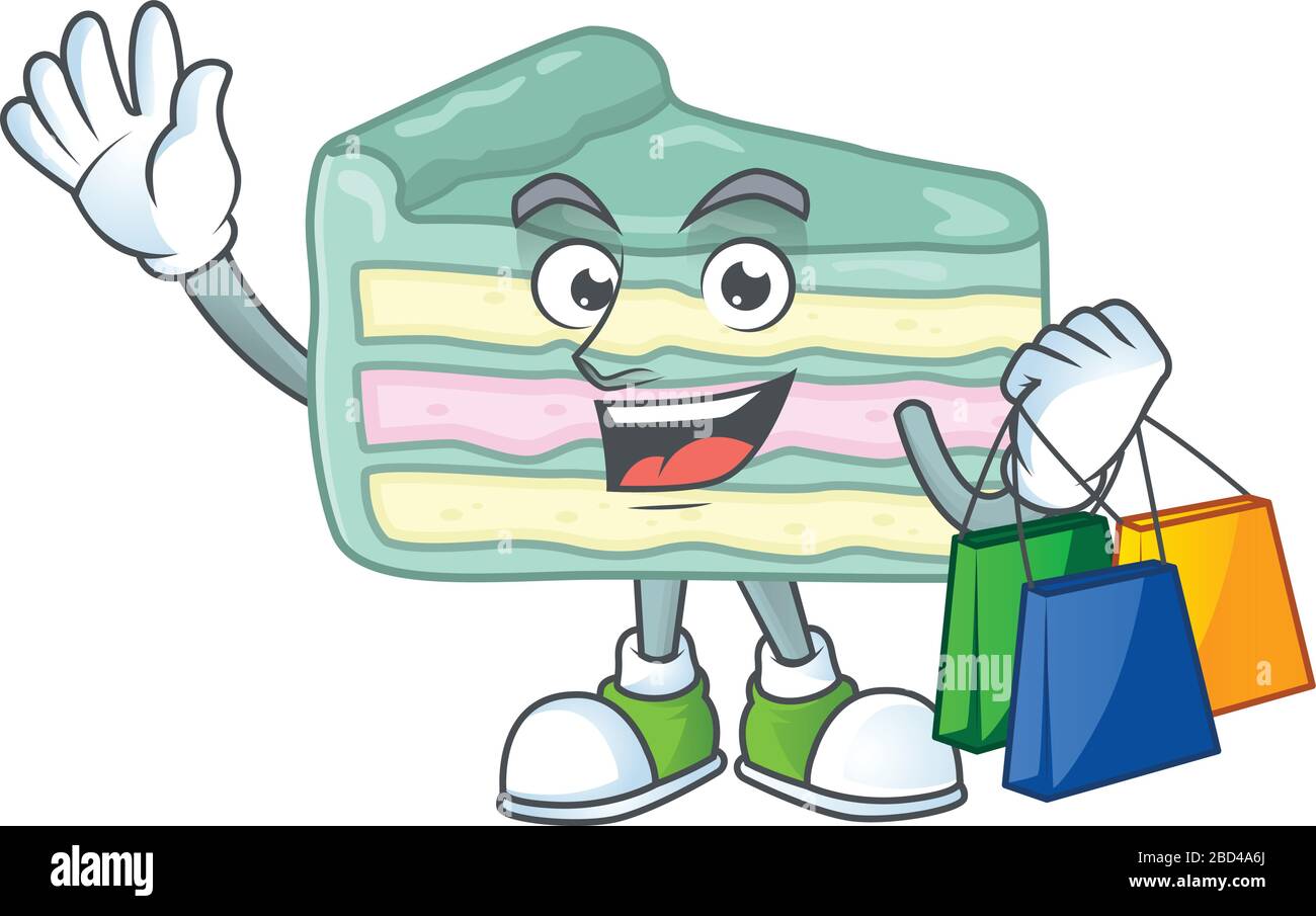 cartoon character concept of rich vanilla slice cake with shopping bags ...