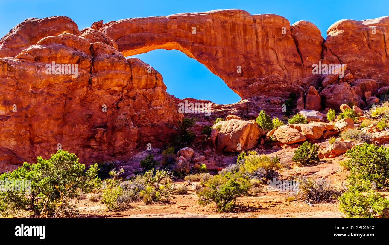 The South Window Arch in the Windows Section in the desert landscape of ...