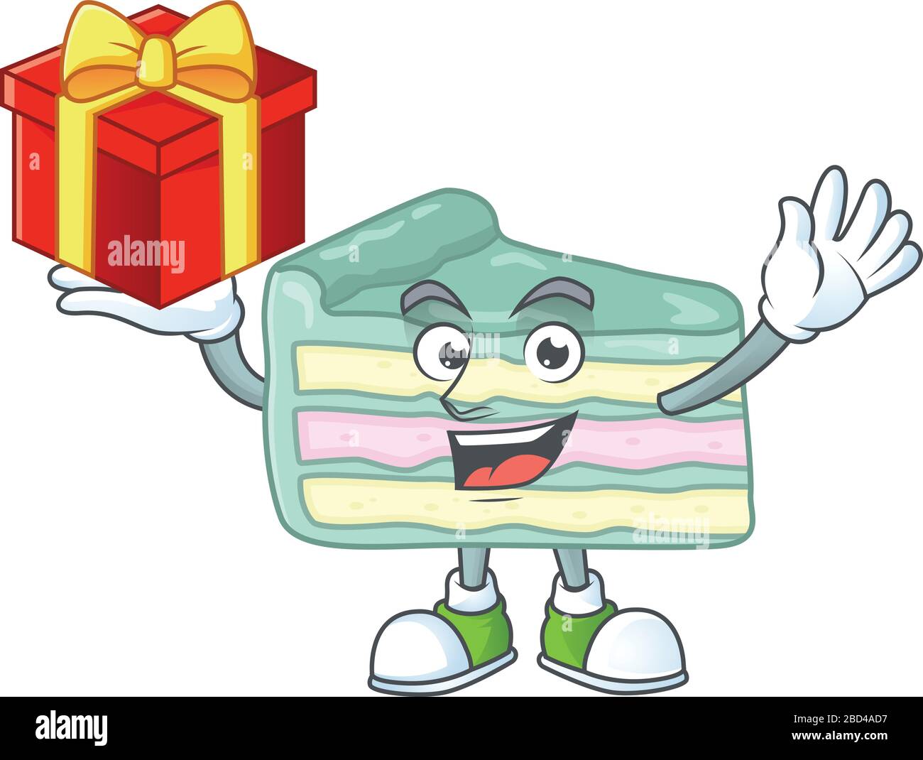 Charming vanilla slice cake mascot design has a red box of gift Stock ...