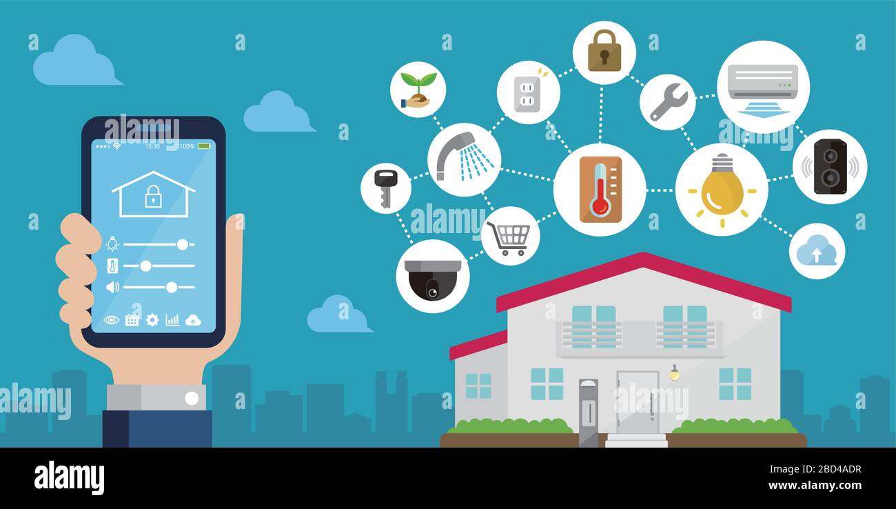 Smart home (smart house) controlled with smartphone app. Technology ...