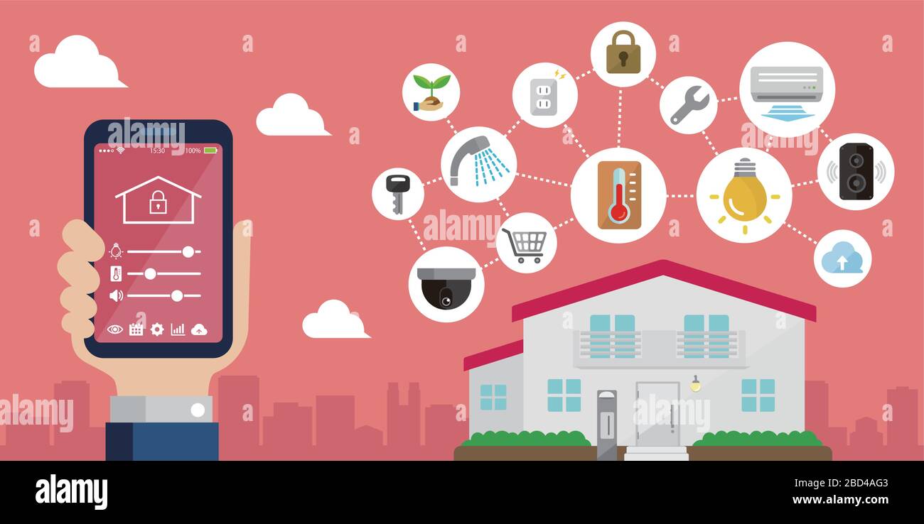 Smart home (smart house) controlled with smartphone app. Technology ...