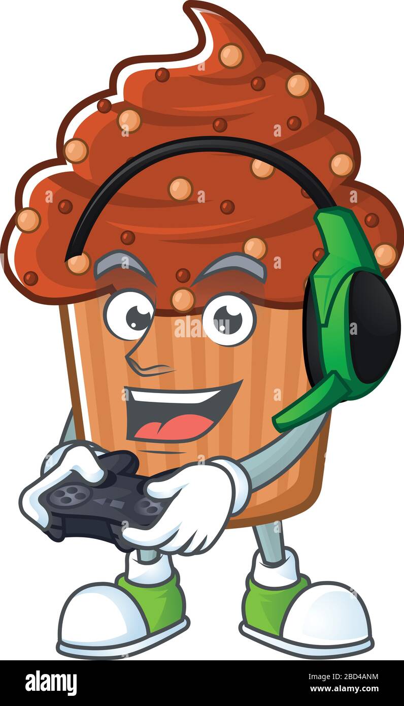 A cartoon design of chocolate cupcake talented gamer play with ...