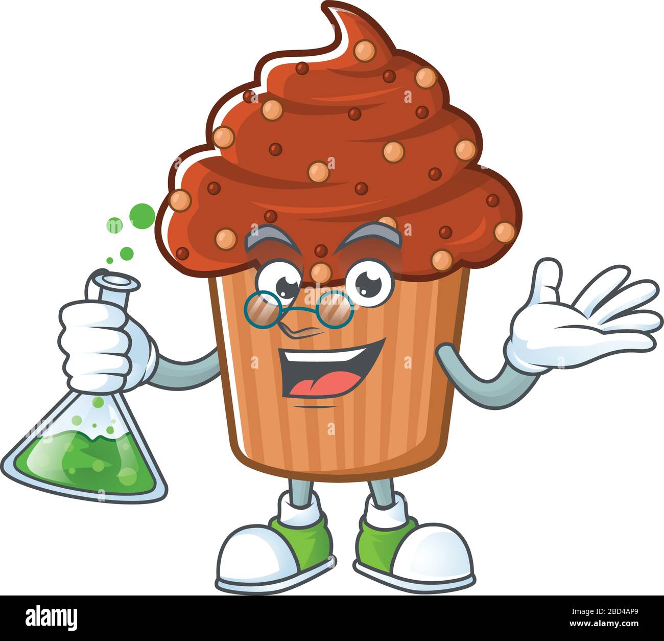 Chocolate cupcake genius Professor Cartoon character holding glass tube ...
