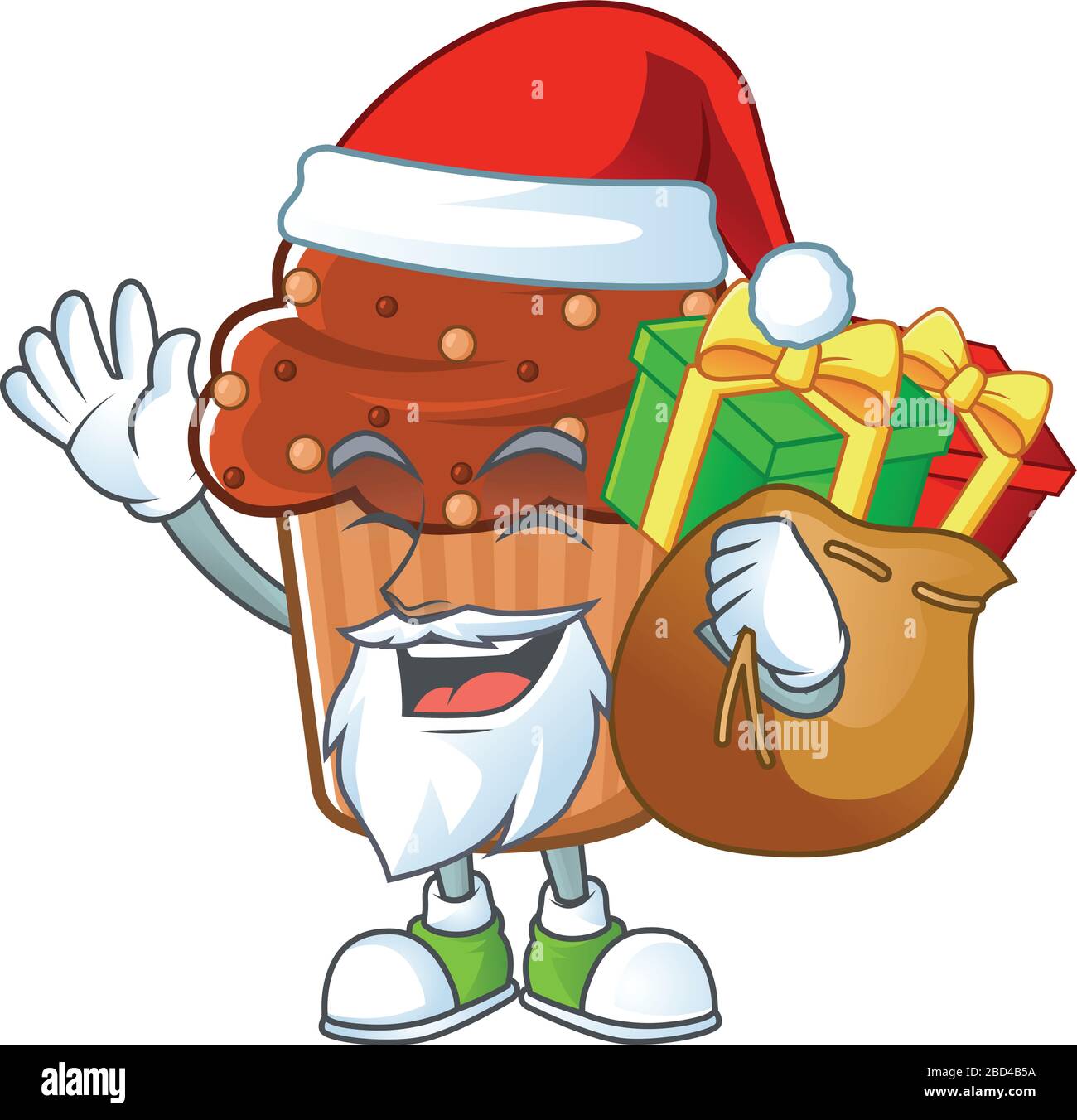 Santa chocolate cupcake Cartoon character design with sacks of gifts ...