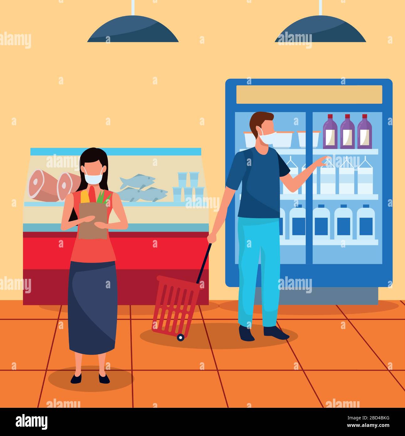 couple using face masks in supermarket Stock Vector Image & Art - Alamy