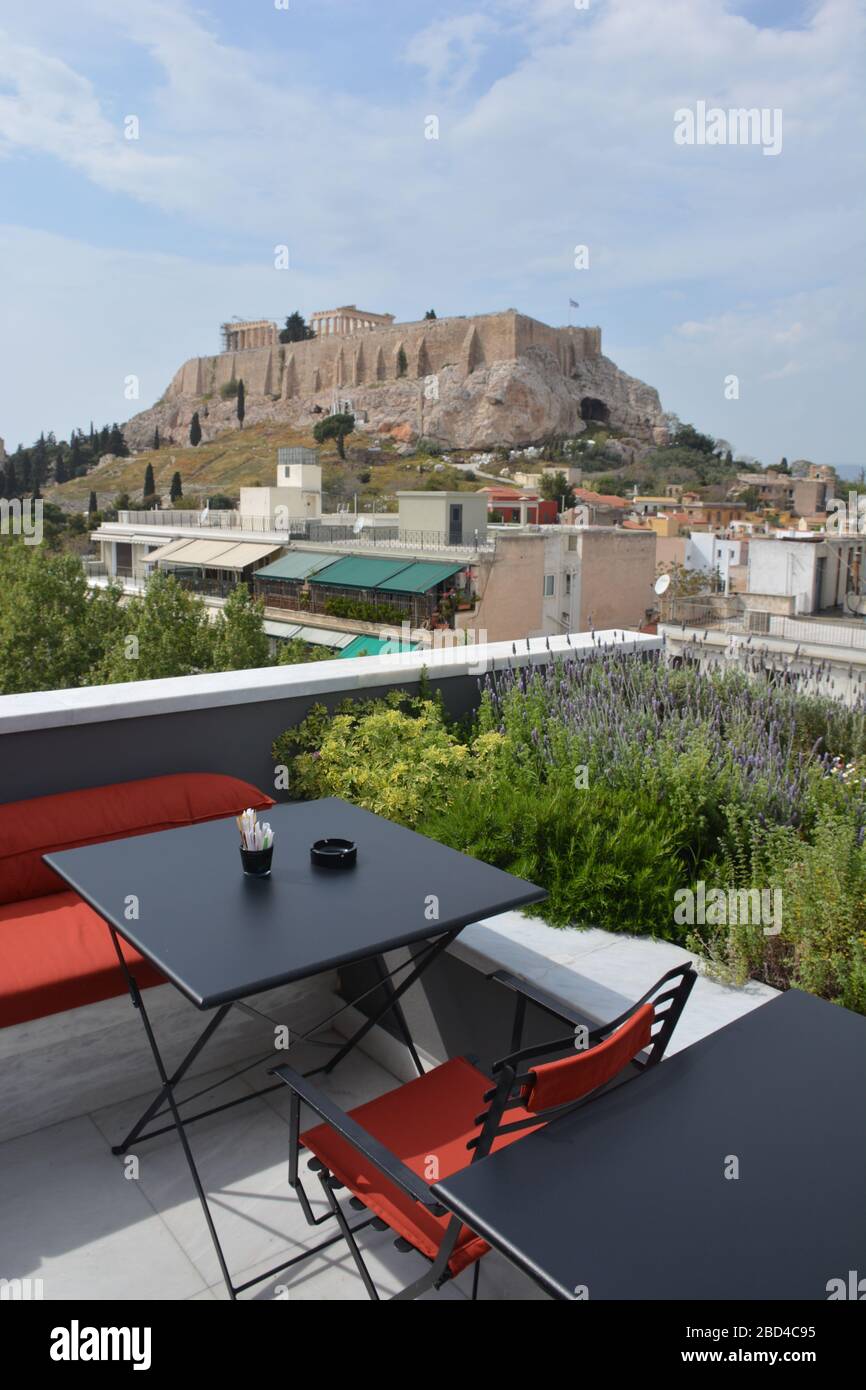 View of the Acropolis from the roof terrace of the Athens Was hotel ...