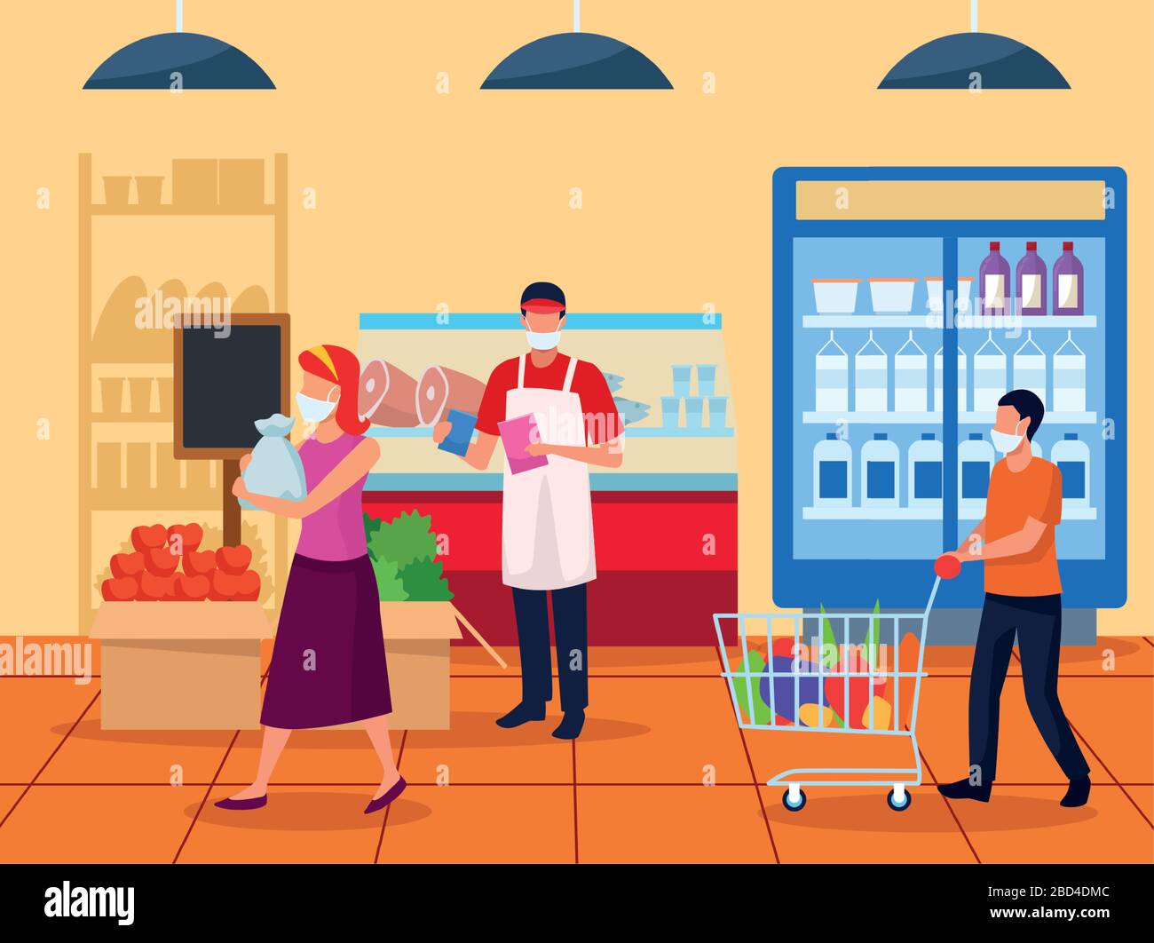 couple and worker using face masks in supermarket Stock Vector Image ...