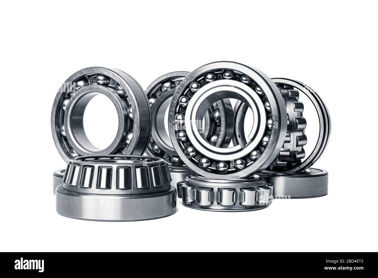 Set of various roller bearing on white background isolated. Metal ...