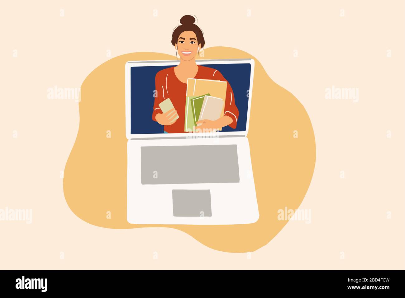 Young student in laptop monitor. Online study concept. Colorful vector ...