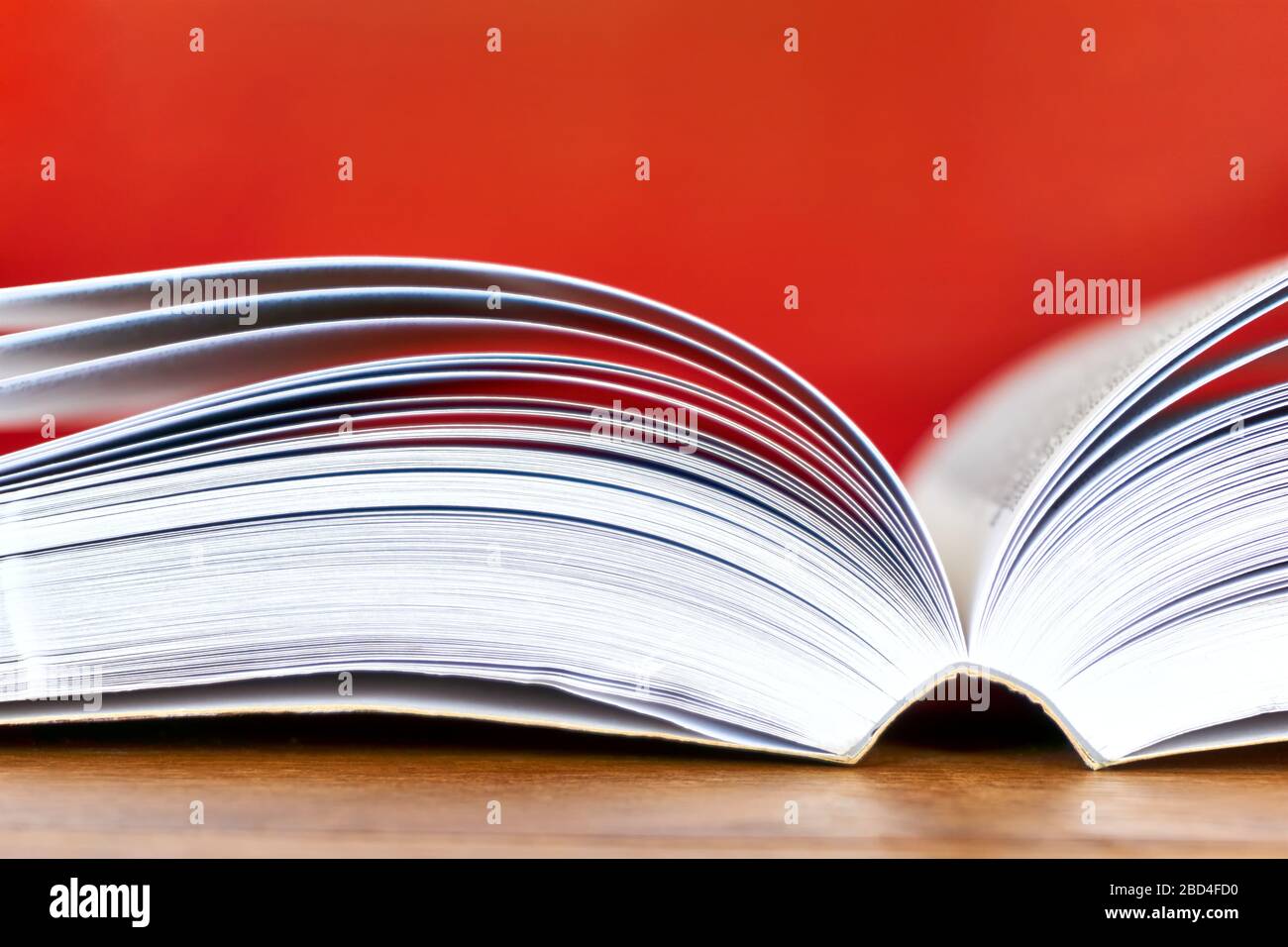Open text book with visible pages on wooden desk against a red ...
