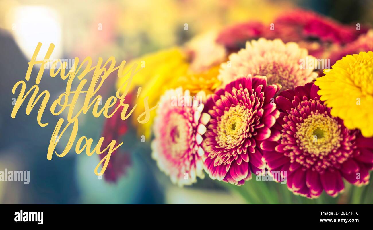 Happy Mothers Day words. Beautiful and tender bouquet of flowers in the ...