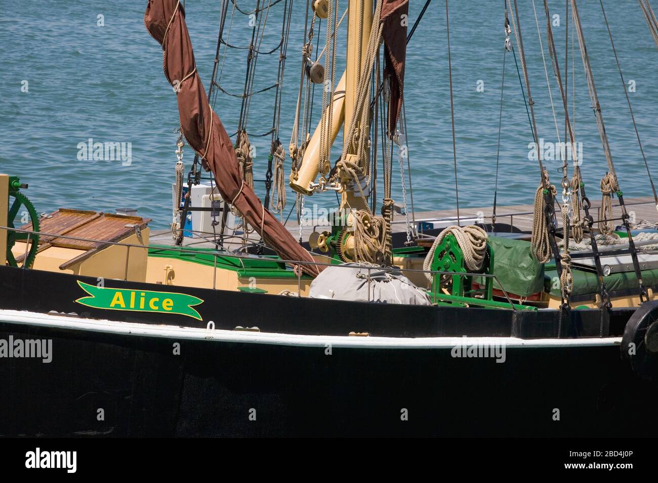 Deck detail of Thames barge "Alice" alongside the Marina at Gunwharf ...