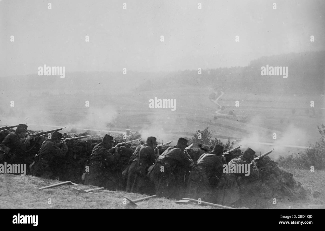 French soldiers firing from a trench at the beginning of World War I ca ...