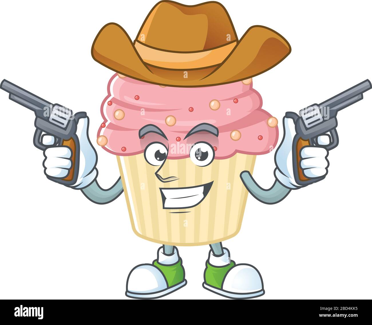 A cowboy cartoon character of strawberry cupcake holding guns Stock ...
