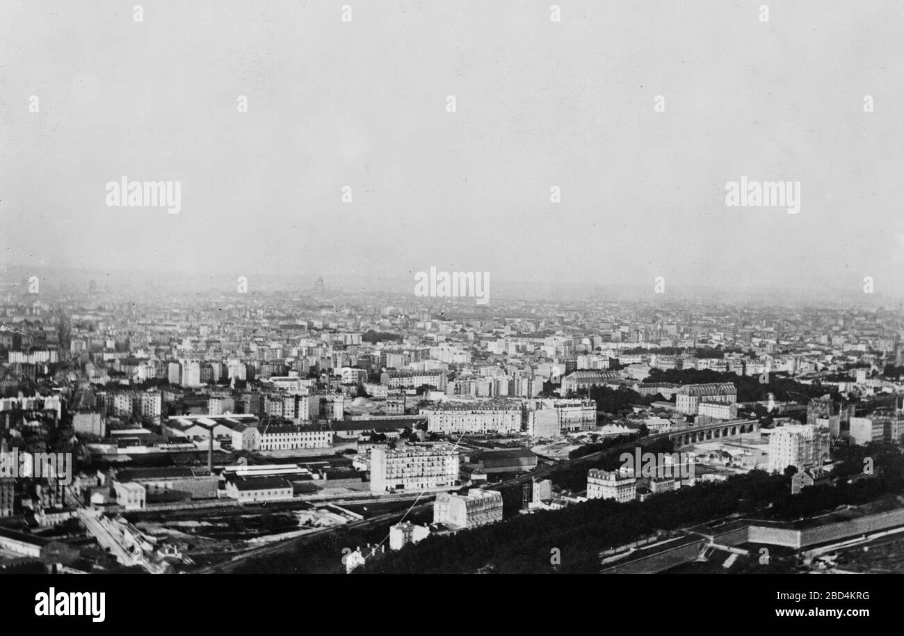 Aerial view of Paris, France with fortifications for World War I ca ...