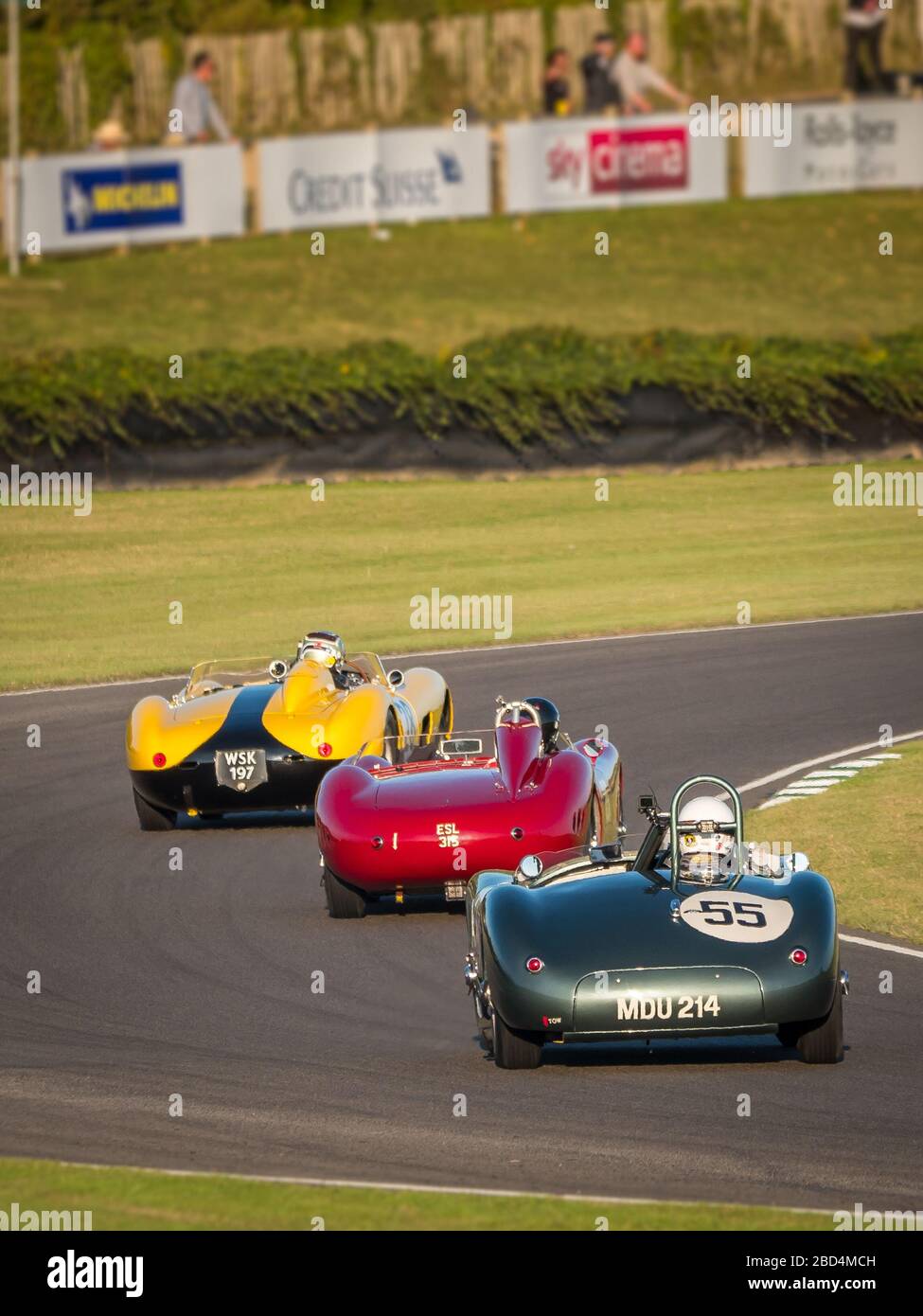 Three colourful racing cars racing in the Freddie March Memorial Trophy ...