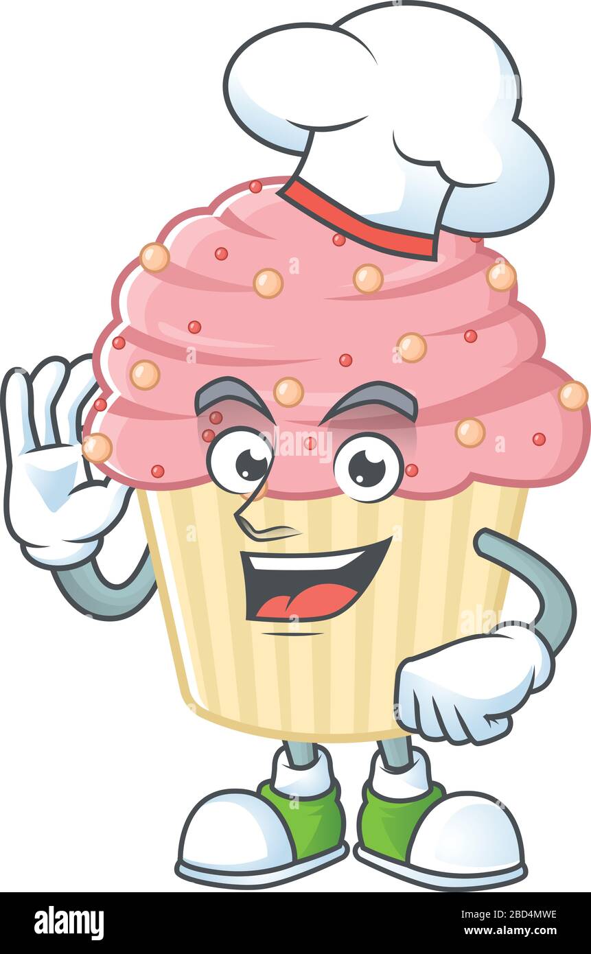 Strawberry cupcake cartoon design style proudly wearing white chef hat ...
