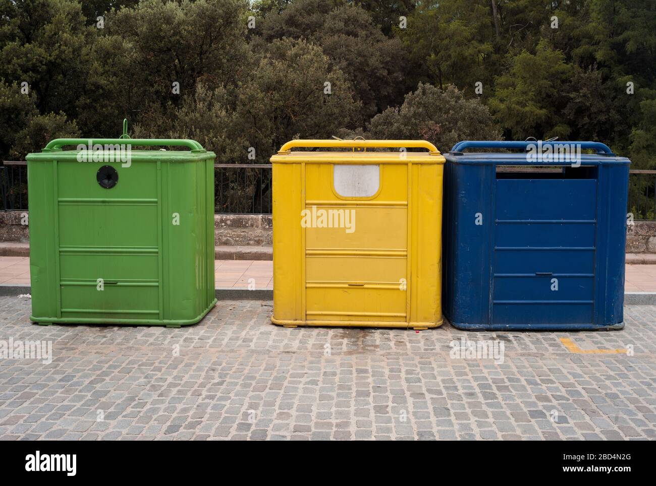 Public waste recycling bins, Caldes de Montbui, Catalonia, Spain Stock ...