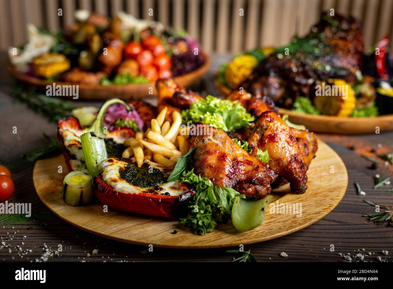 Fried chicken wings and French fries. Menu Stock Photo - Alamy