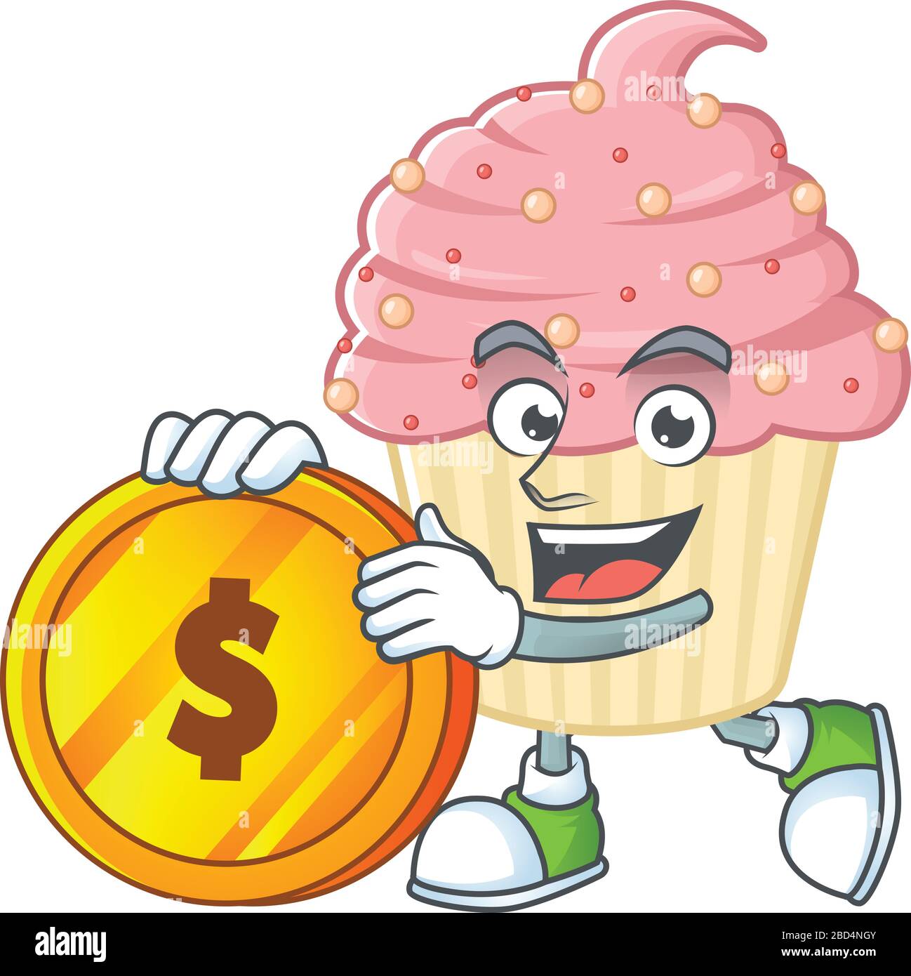 Strawberry cupcake rich cartoon character have big gold coin Stock ...