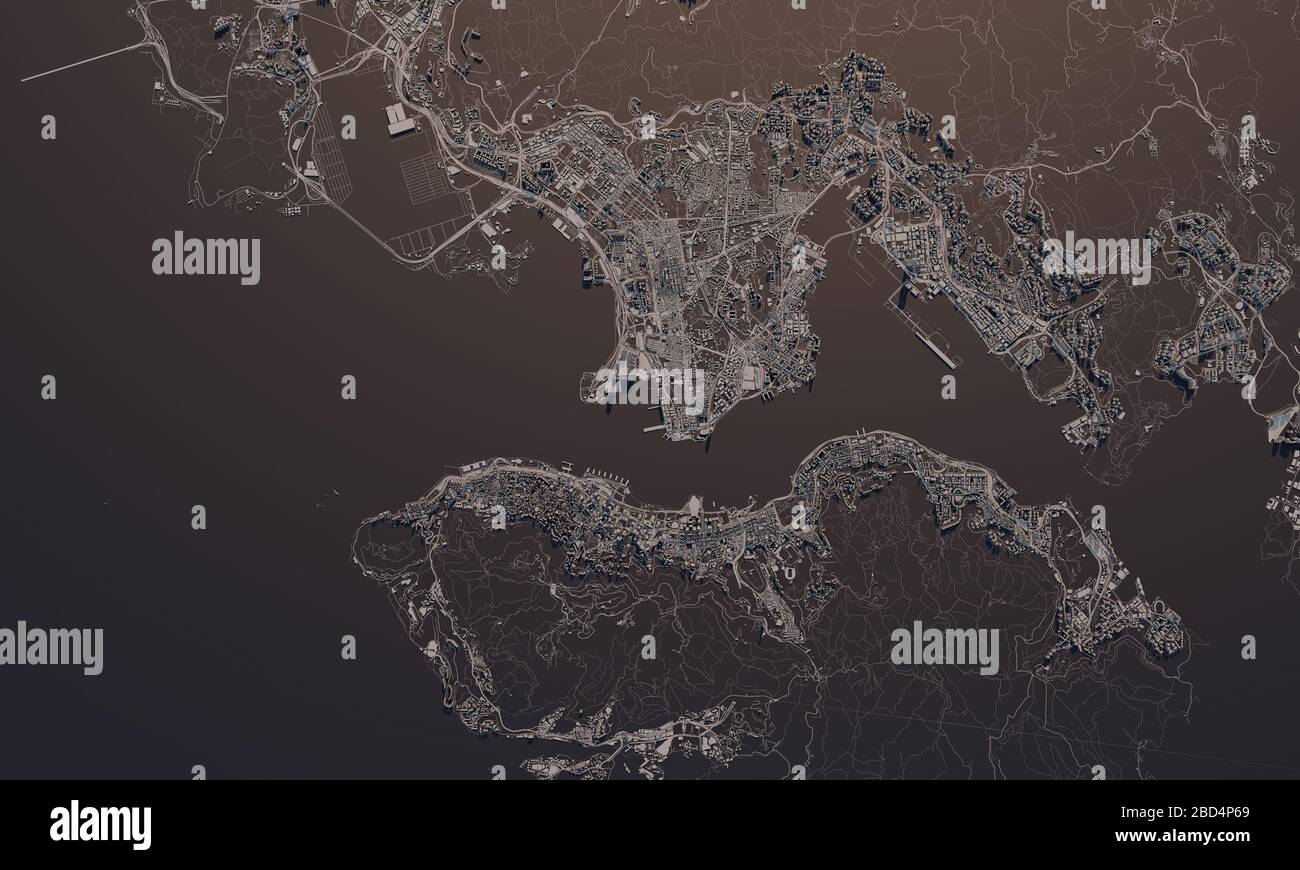 Hong Kong city map 3D Rendering. Aerial satellite view Stock Photo - Alamy