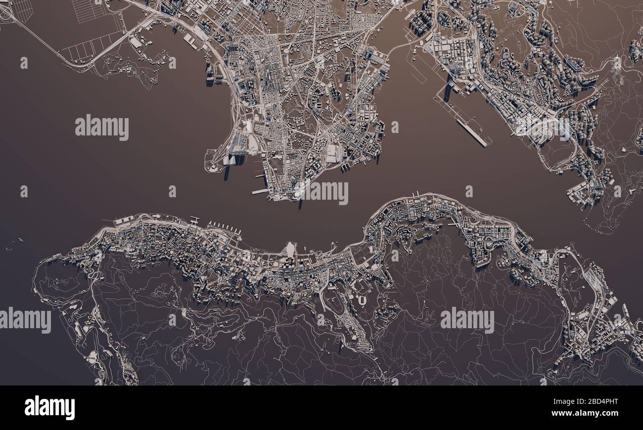 Hong Kong city map 3D Rendering. Aerial satellite view Stock Photo - Alamy