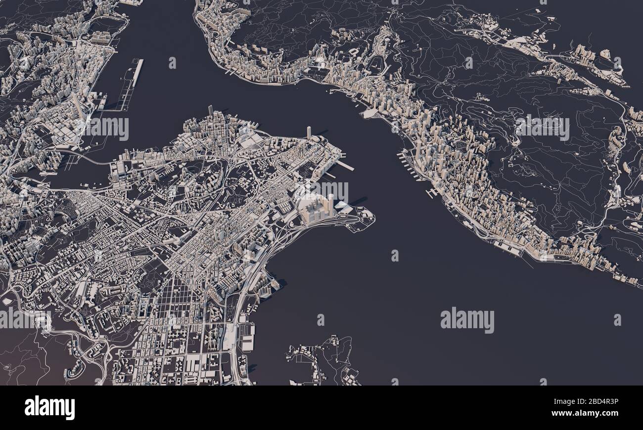 Hong Kong city map 3D Rendering. Aerial satellite view Stock Photo - Alamy