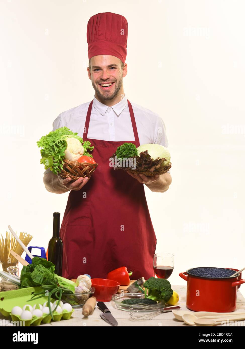 Cooking process concept. Man with beard isolated on white background ...