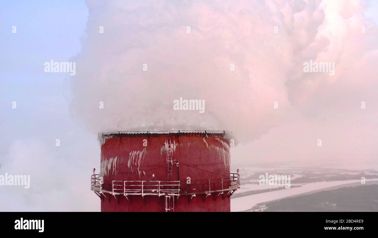 Aerial view. Emission to atmosphere from industrial pipes. Smokestack ...