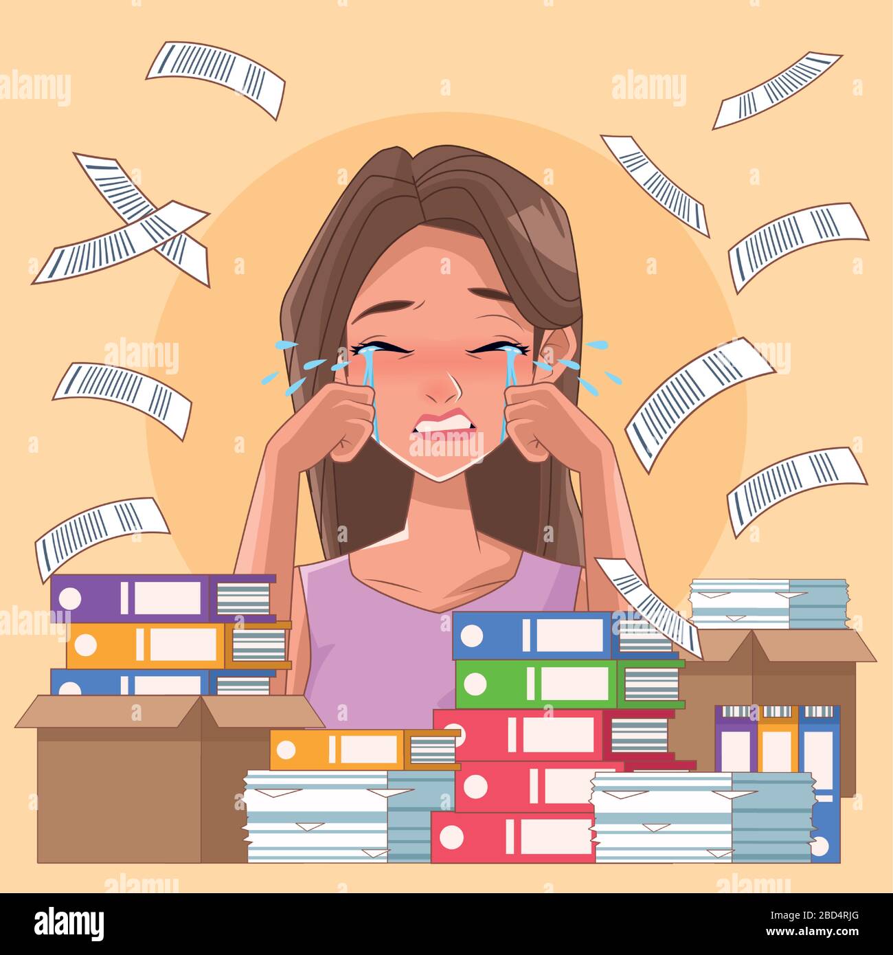 woman crying with stress symptom and pile documents Stock Vector Image ...