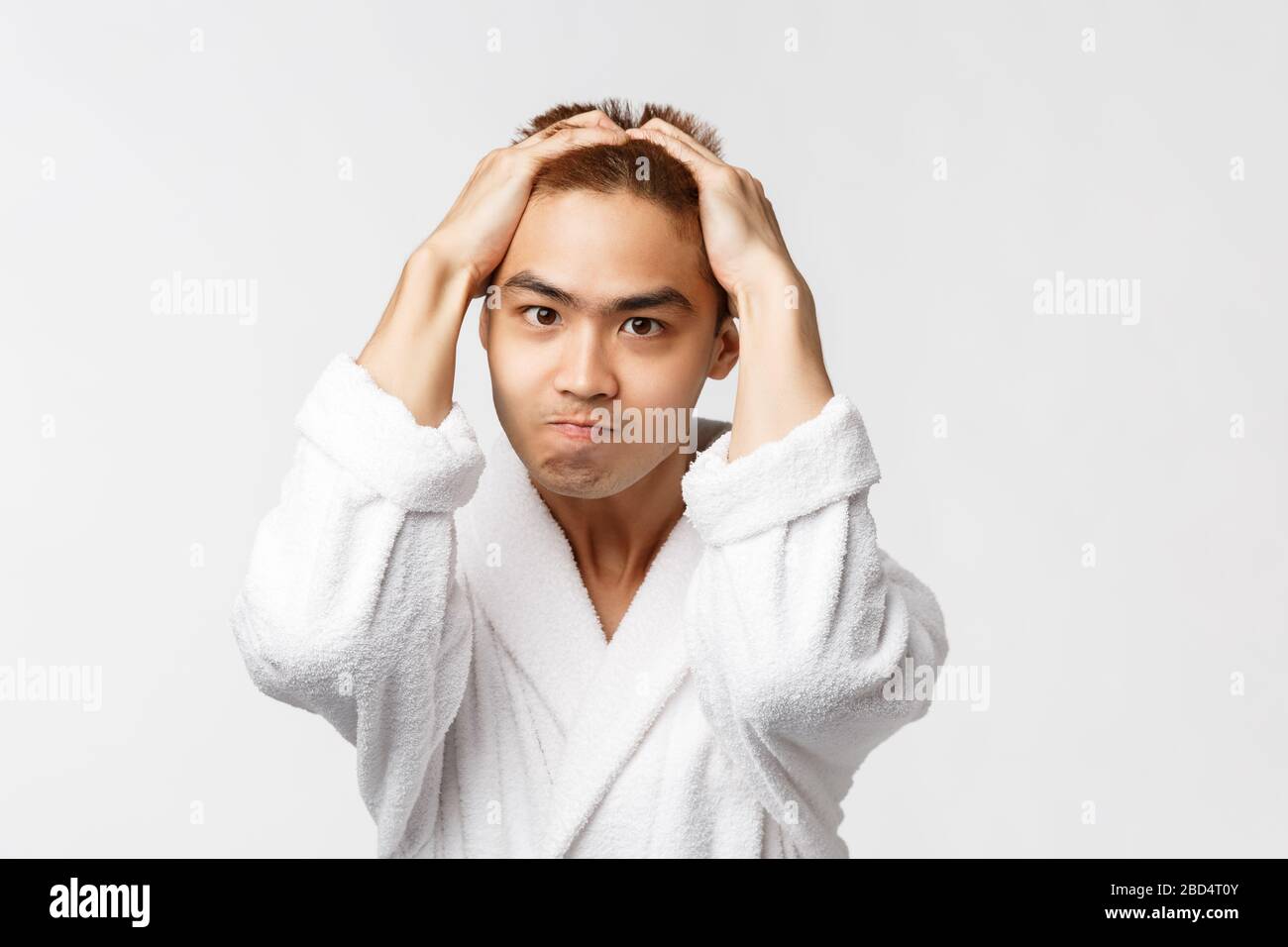 Beauty, spa and leisure concept. Portrait of sick and tired, tensed ...