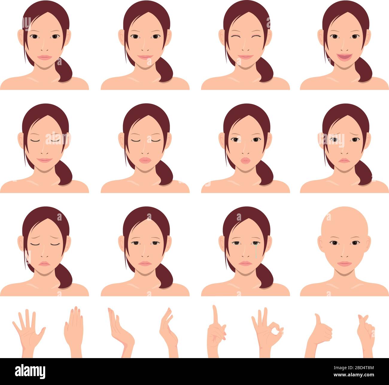 Young asian lady' face vector illustration set / emotional face pattern ...