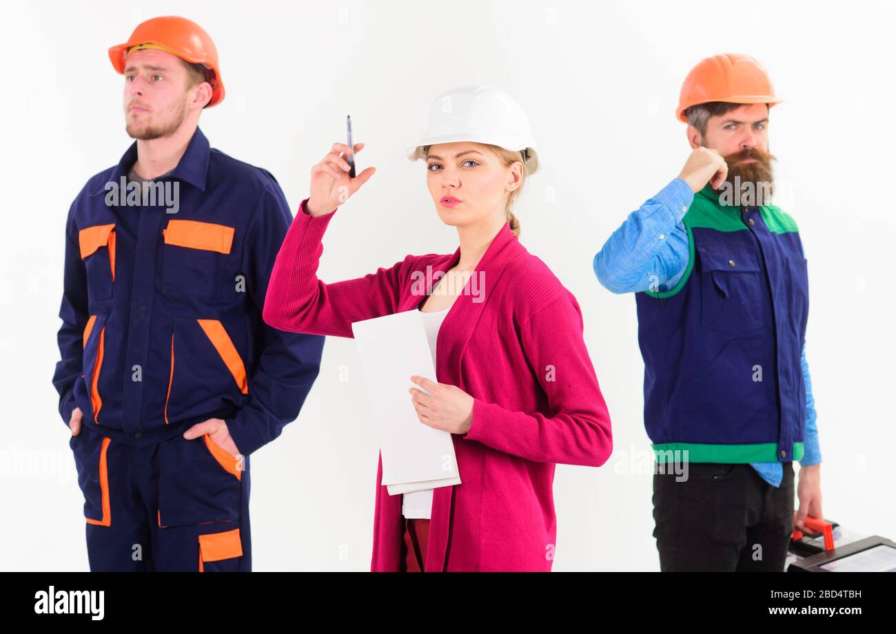 Team of architects, builders, labourers ready to work, isolated white ...