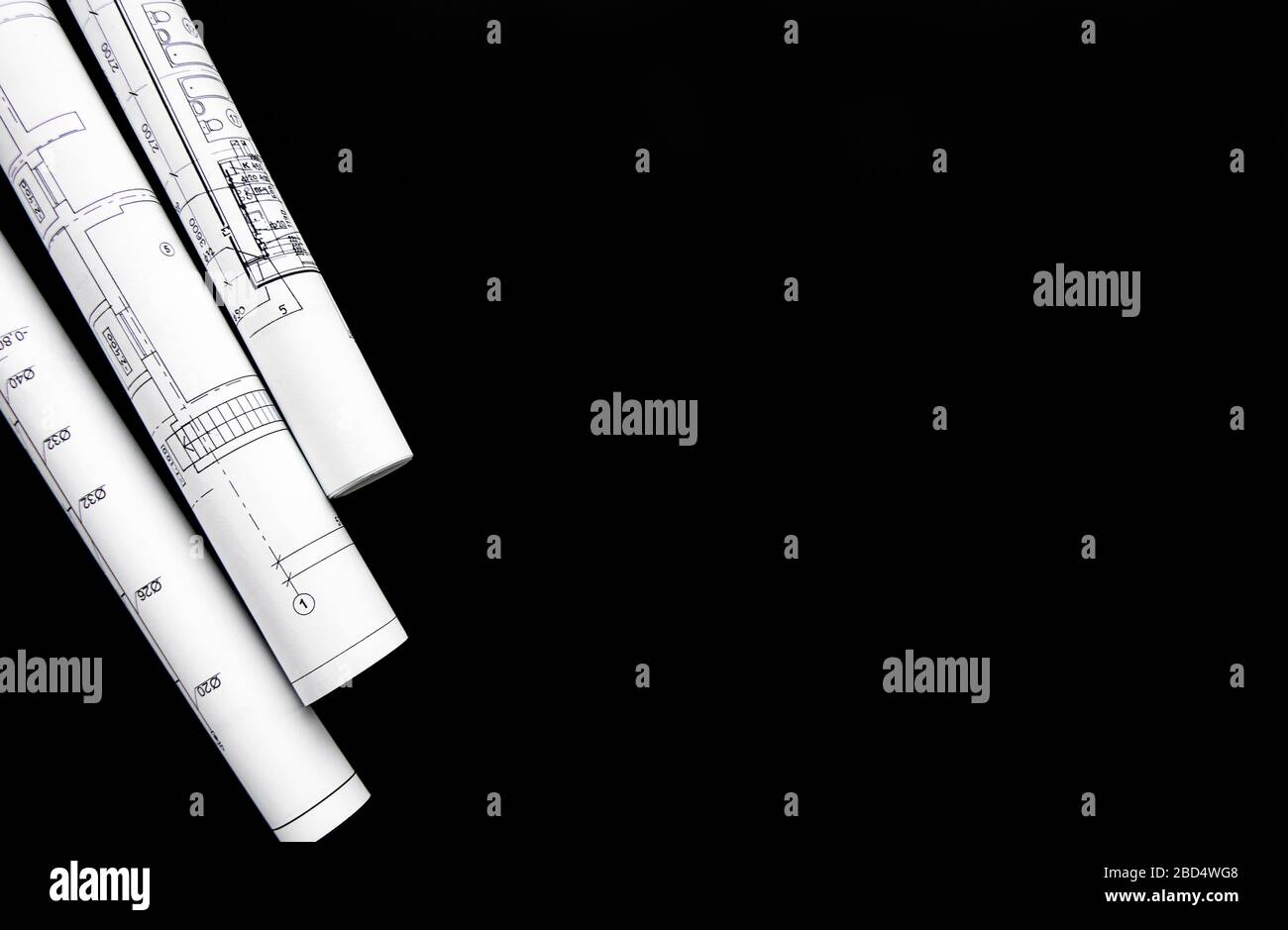 Architect workplace top view. Architectural project, blueprints ...