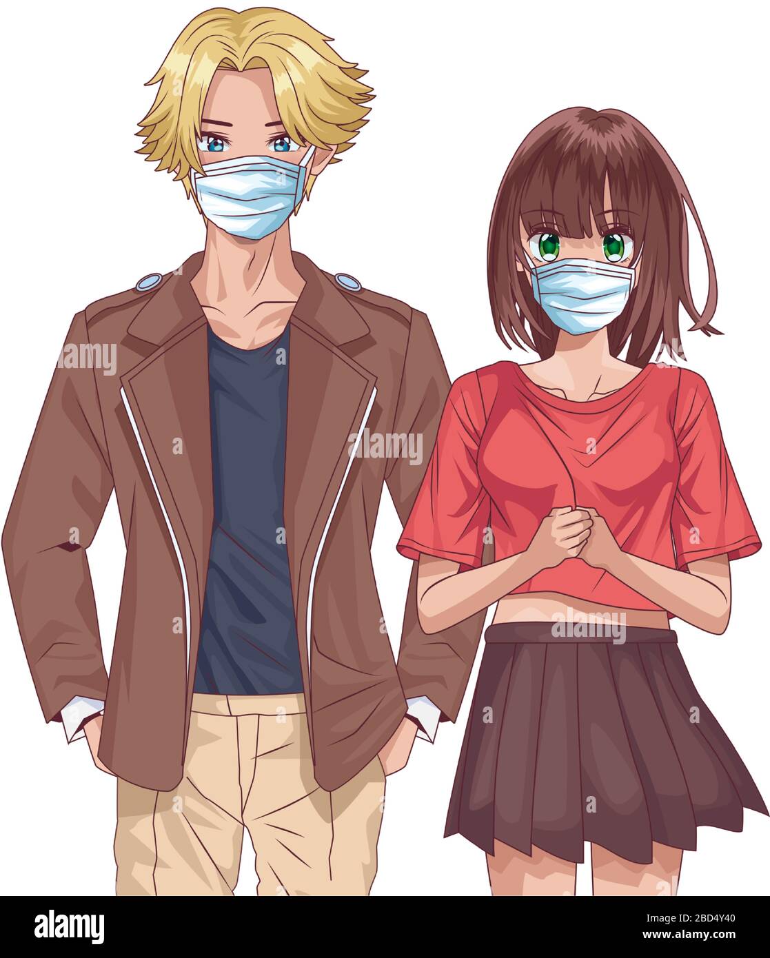 young couple using face masks anime characters Stock Vector Image & Art ...