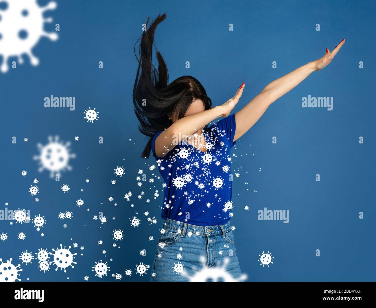 How to sneezing right - caucasian woman dabbing isolated on studio ...